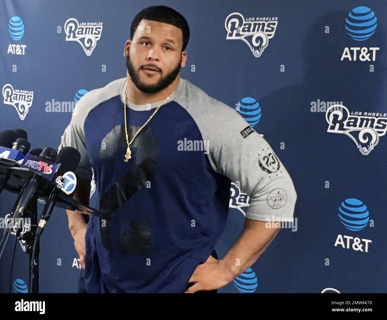 Los Angeles Rams defensive lineman Aaron Donald speaks with reporters ...