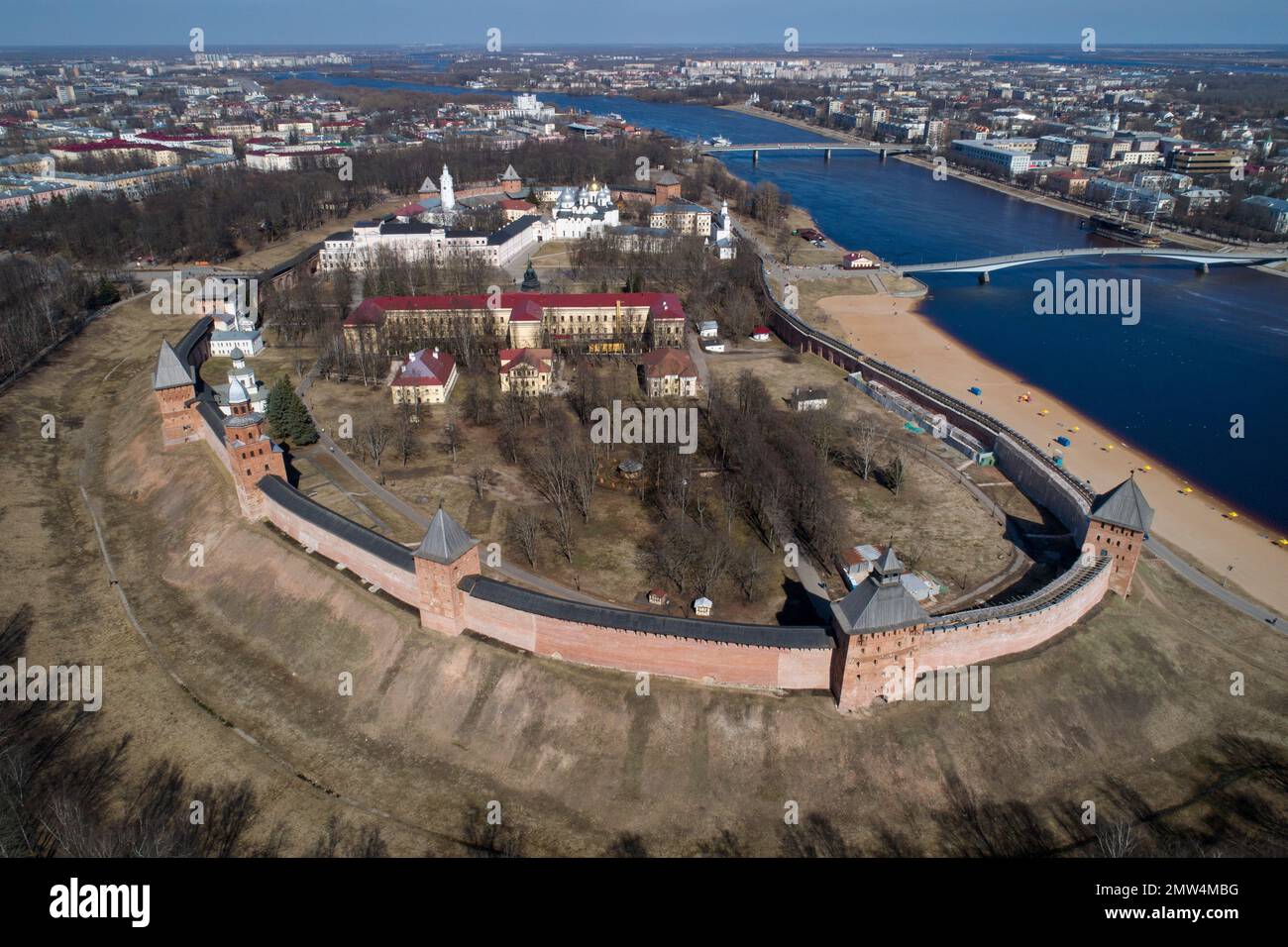 An aerial view of the Kremlin of Veliky (Great) Novgorod, Russia ...