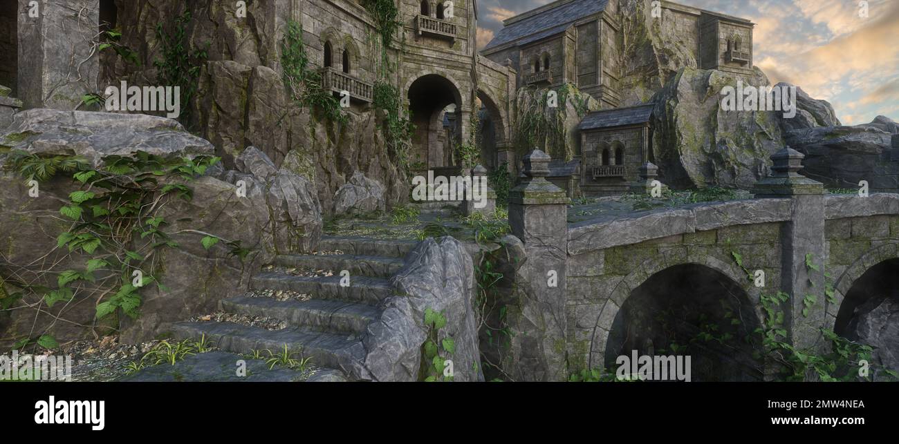Wide panoramic view of a beautiful fantasy medieval castle with steps ...