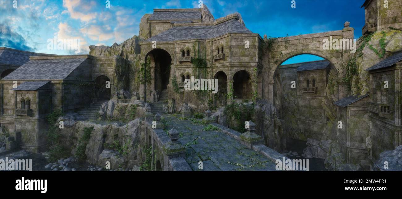 Cinematic view of a medieval fantasy castle in the mountains with stone ...