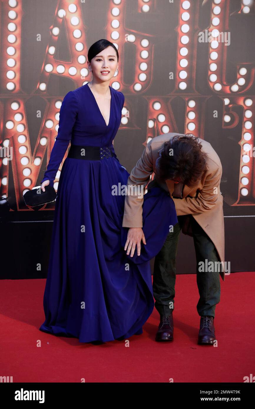 Hong Kong actress Dada Chan, left, and actor Andrew Lam pose on the red carpet of the Hong Kong ...