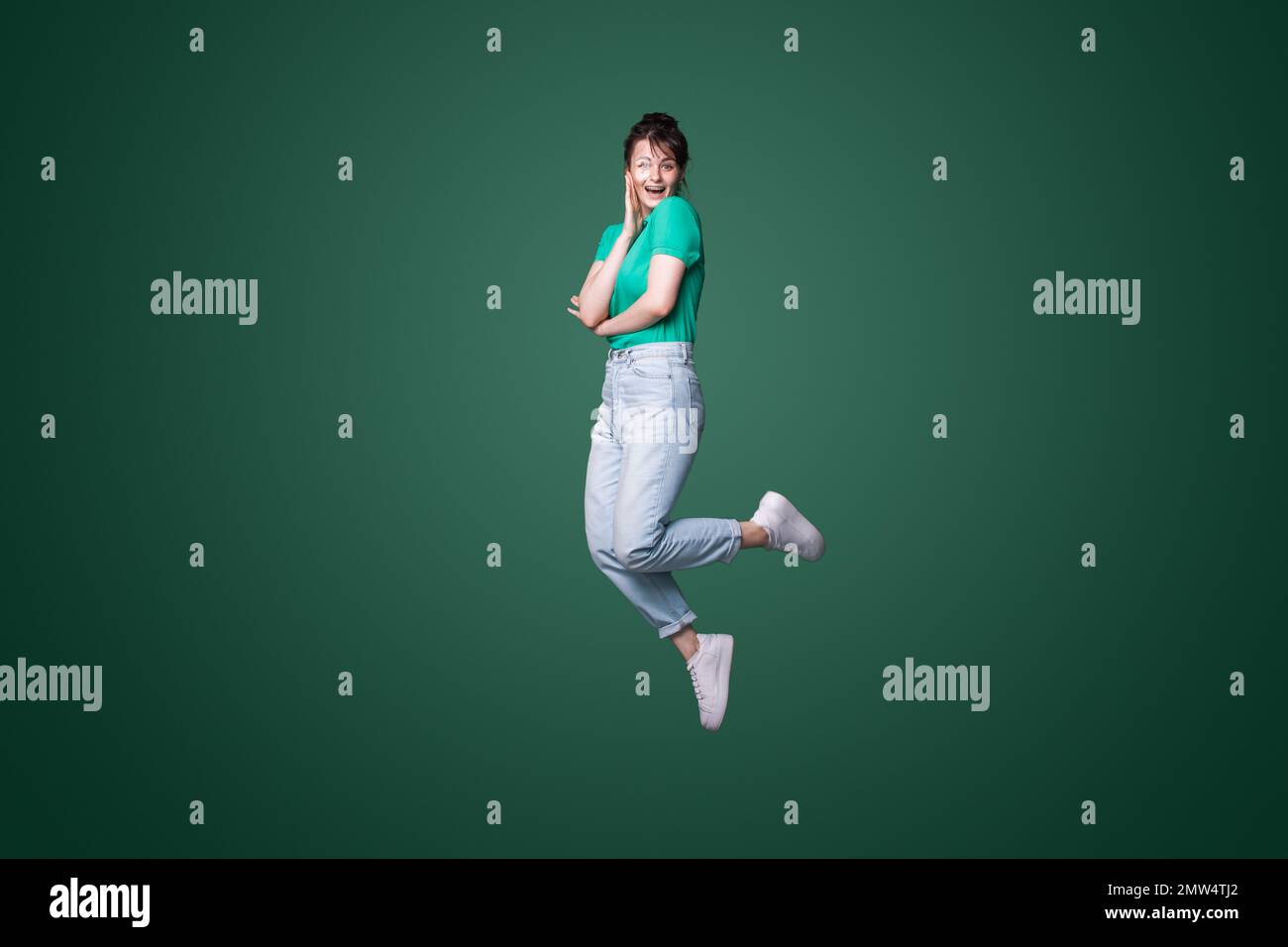 Full length body size photo of astonished amazed woman seeing something ...