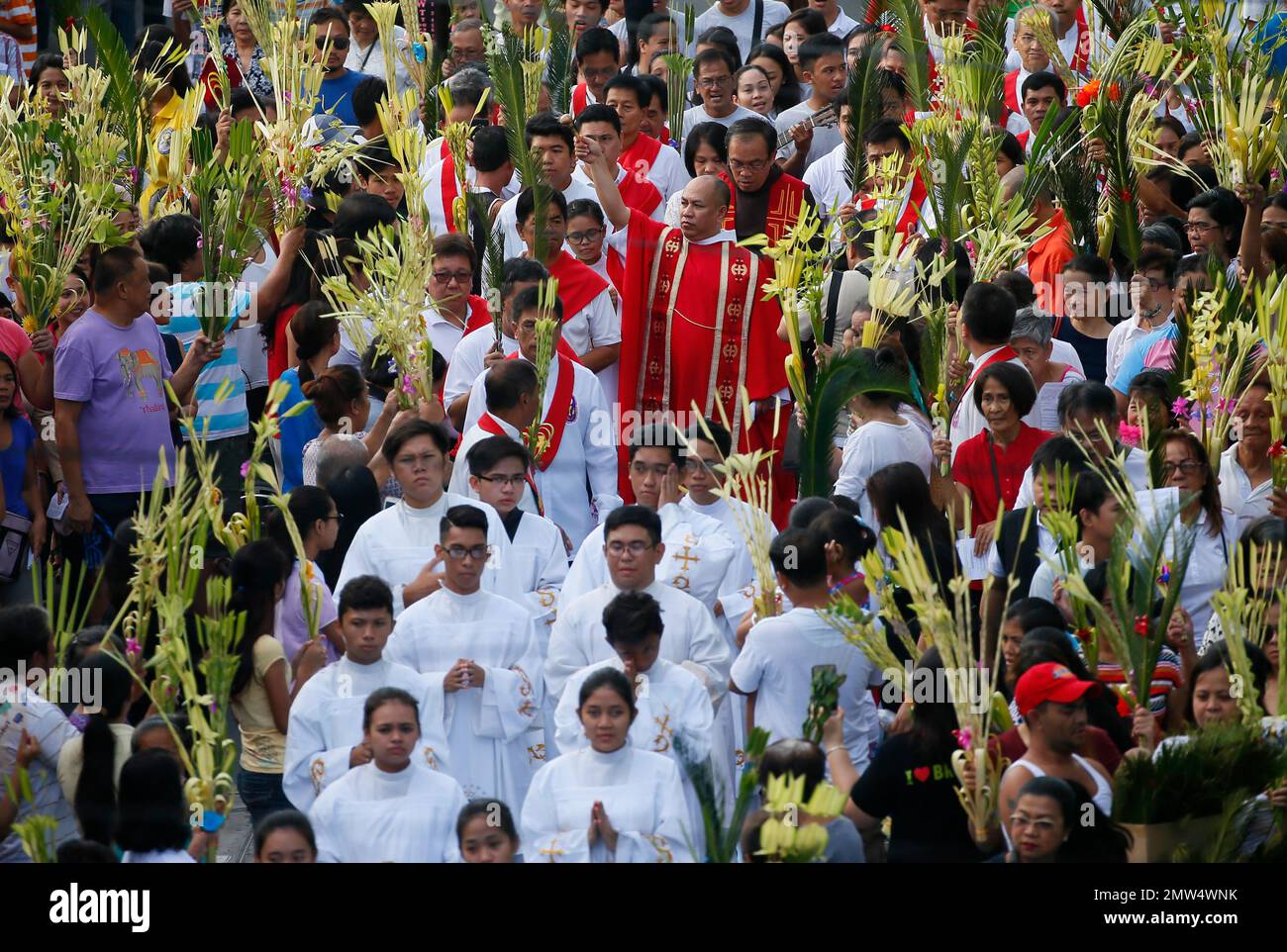 A Roman Catholic priest blesses with holy water devotees waving palm ...