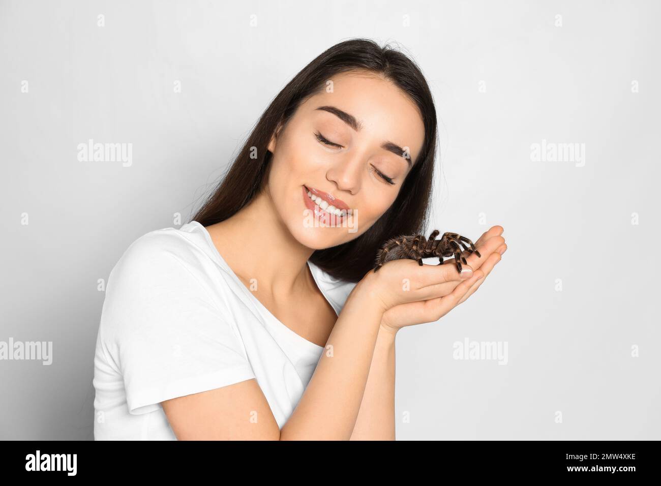 Woman holding striped knee tarantula on light background. Exotic pet ...