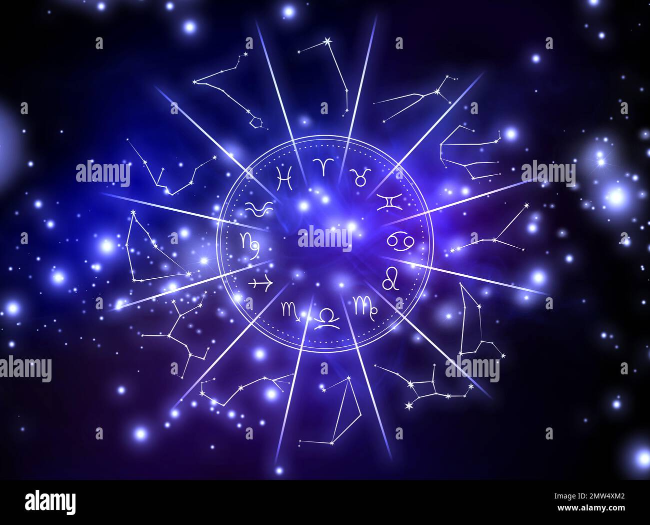 Illustration of night sky with stars and zodiac wheel Stock Photo - Alamy