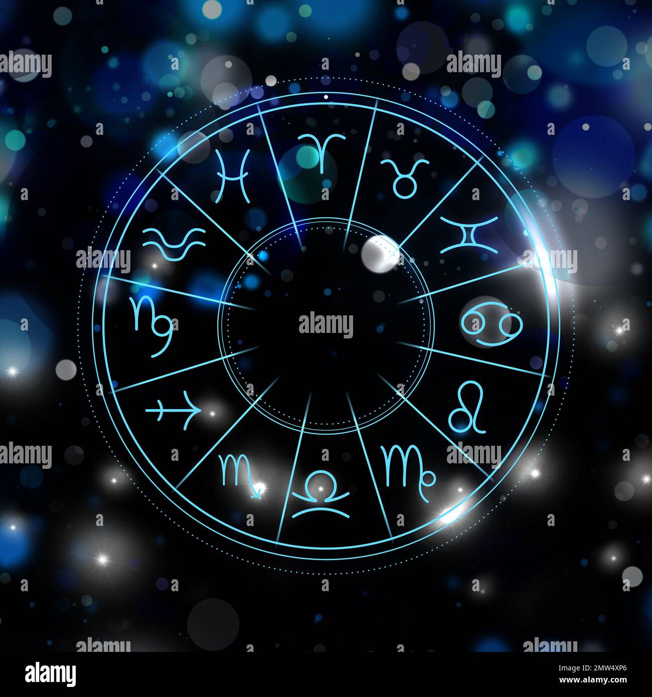 Illustration of zodiac wheel with astrological signs on dark background ...