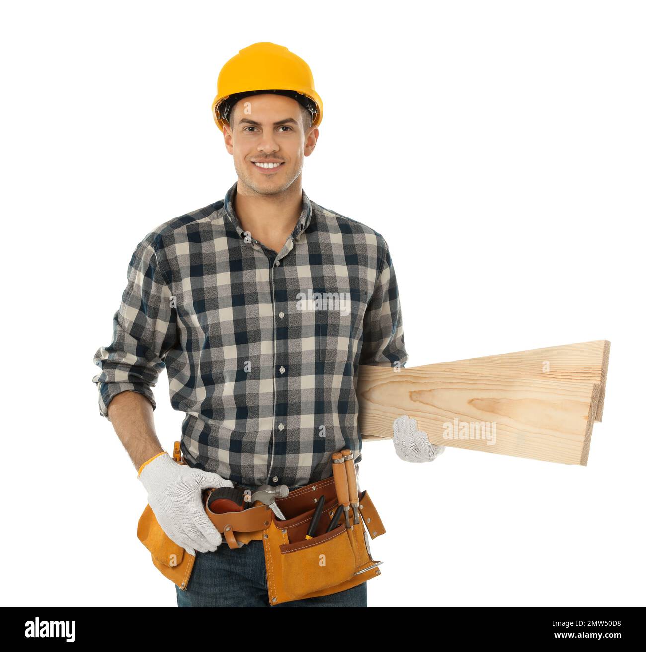 Handsome carpenter with wooden planks isolated on white Stock Photo - Alamy