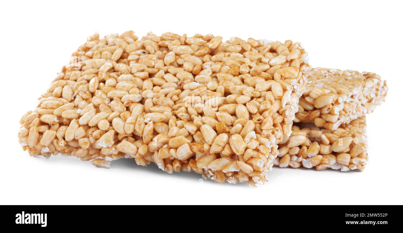 Delicious rice crispy treats on white background Stock Photo - Alamy