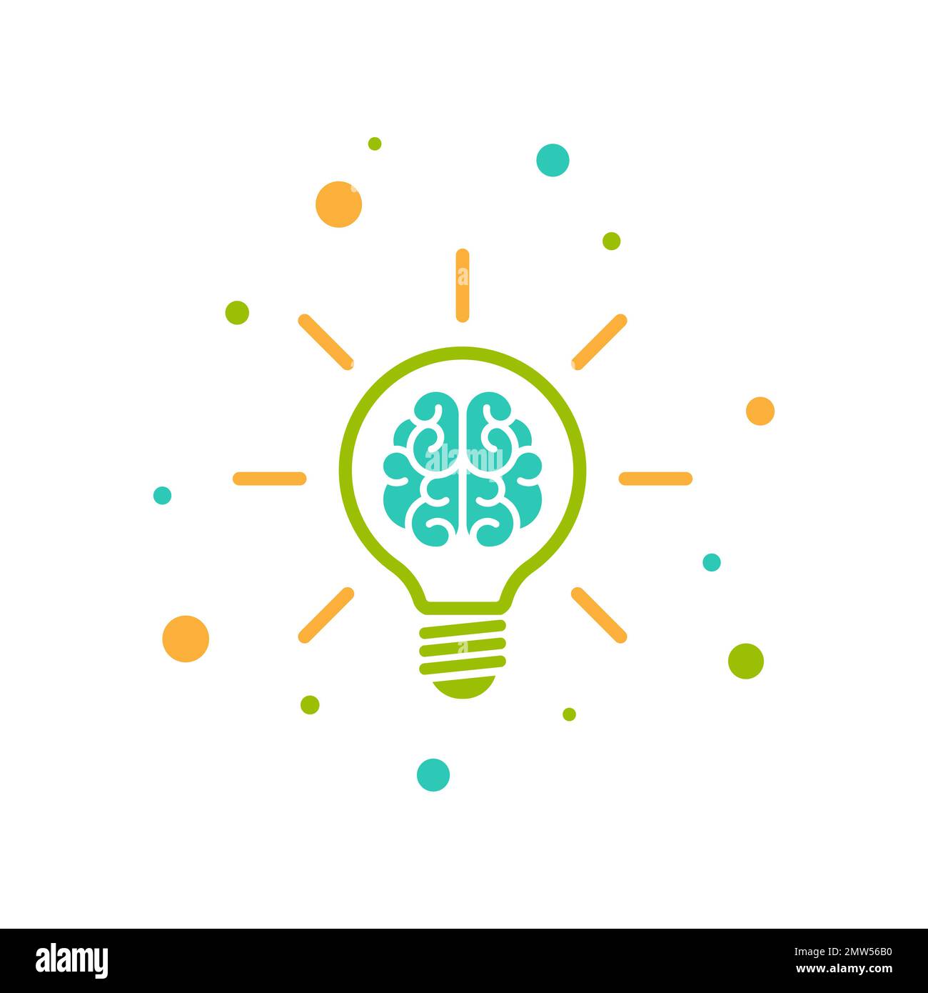 Green bulb with brain and rays flat icon. Isolated on white. New ...