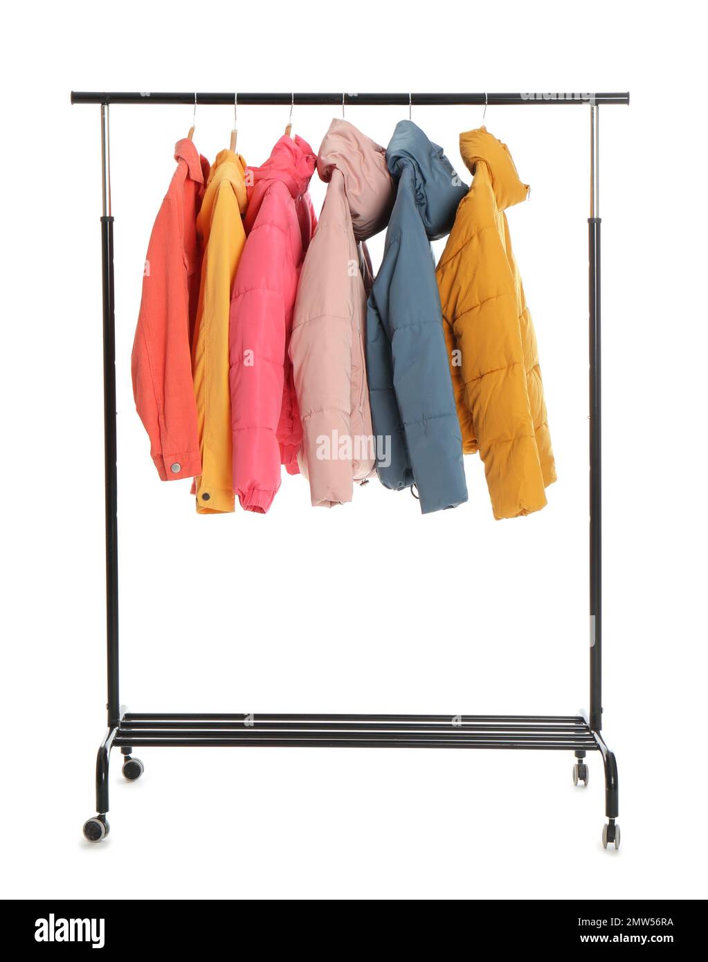 Rack with stylish jackets isolated on white Stock Photo - Alamy