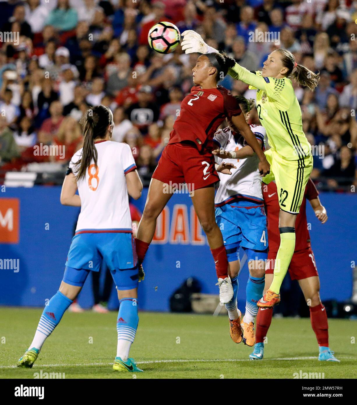 Russia defender Daria Makarenko (8) watches goalie Alena Belyaeva (12 ...