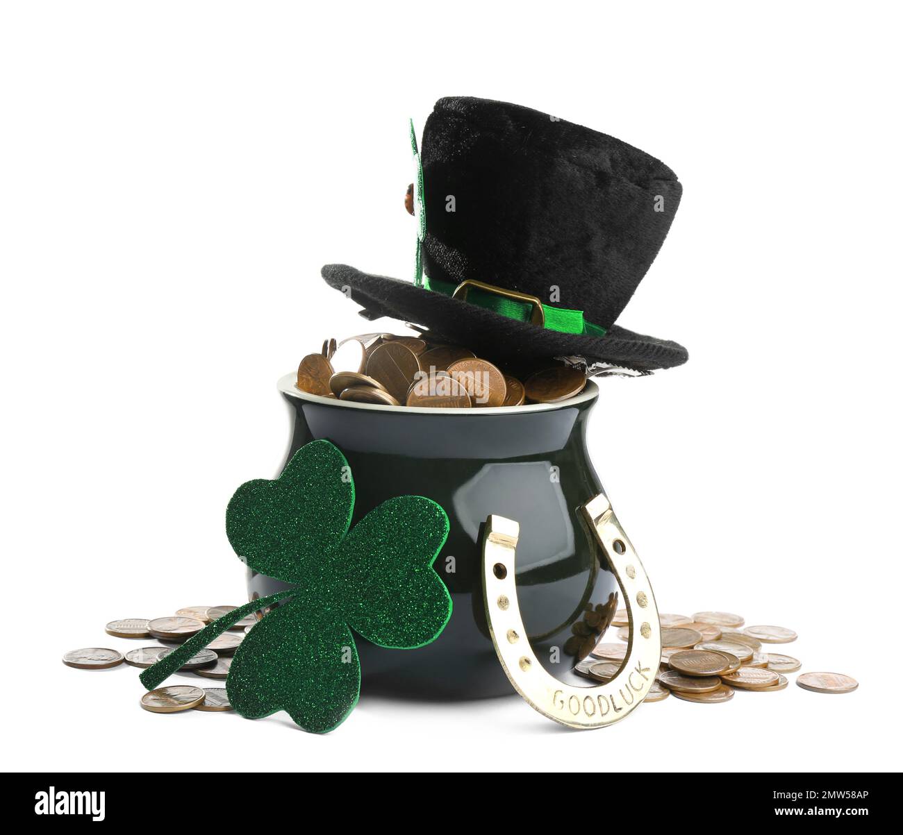 Composition with pot of gold coins on white background. St. Patrick's ...