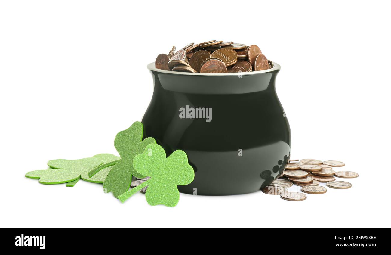 Pot of gold coins and clover on white background. St. Patrick's Day ...