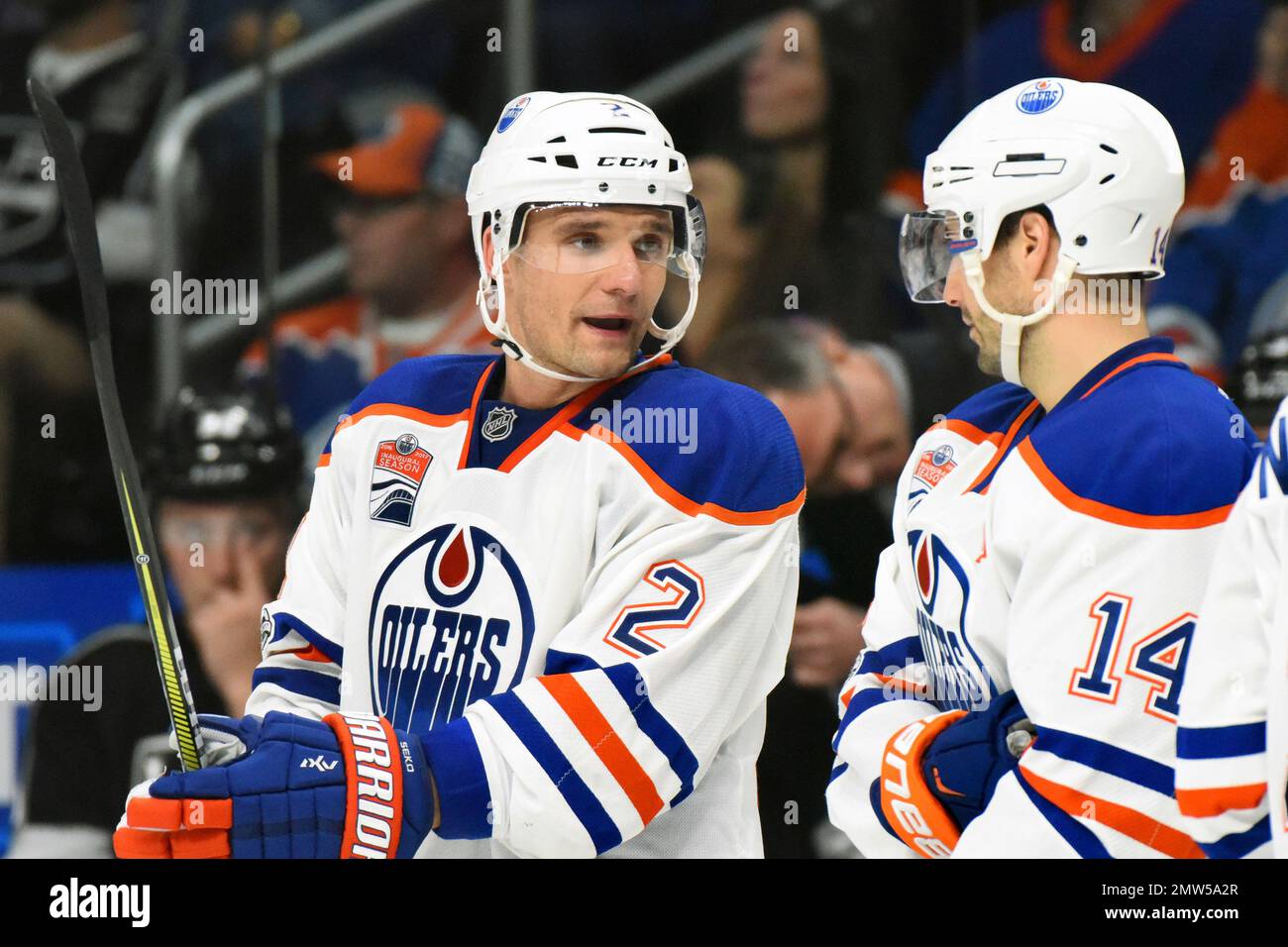 Edmonton Oilers defenseman Andrej Sekera (2), of Slovakia, talks with ...