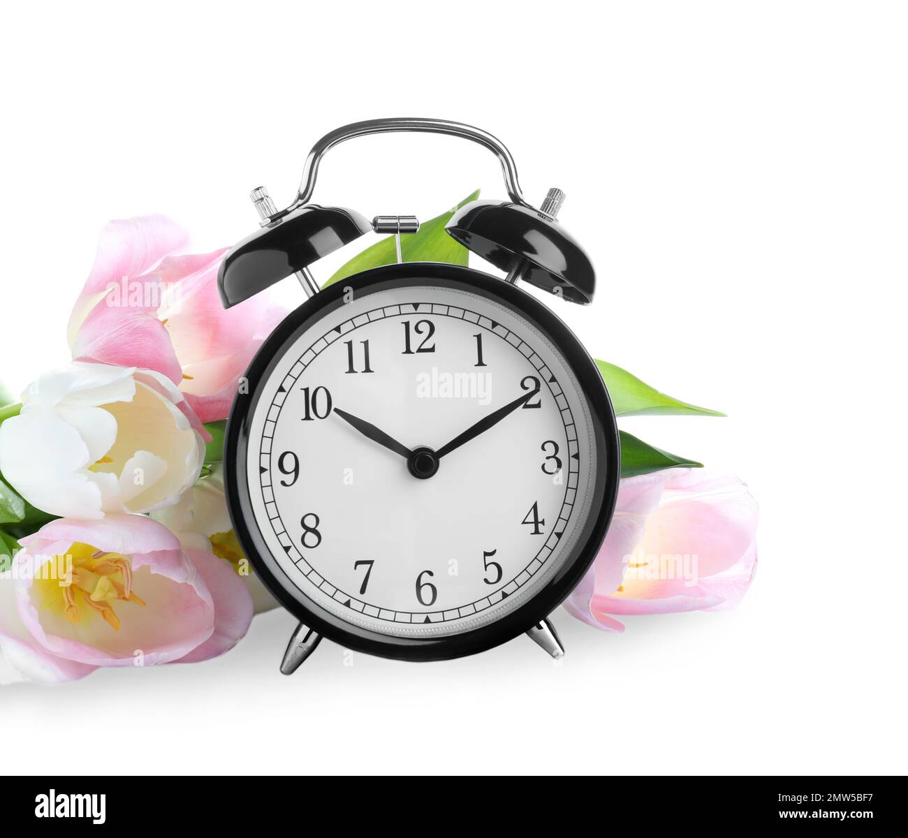 Black alarm clock and spring flowers on white background. Time change ...