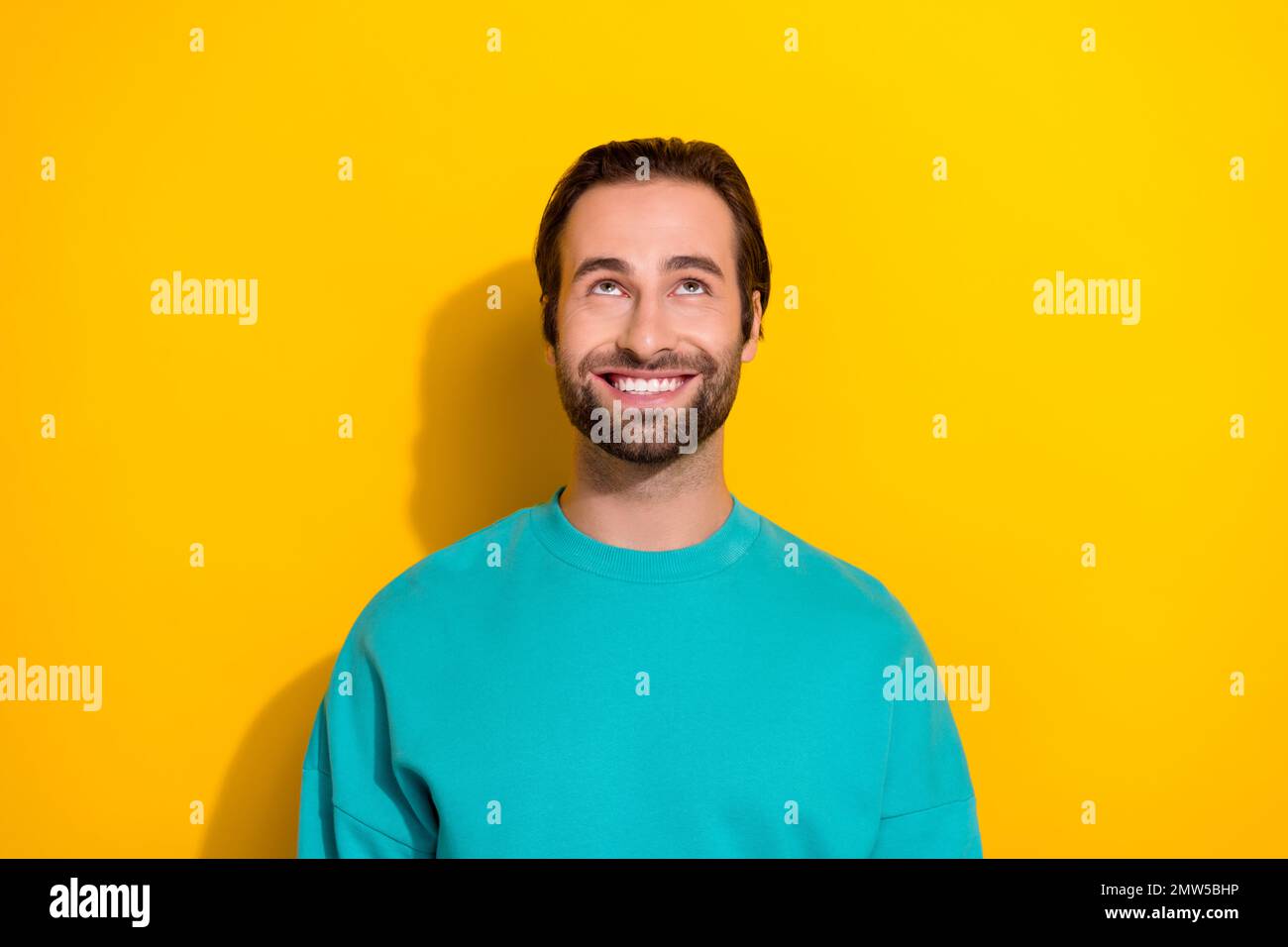 Photo of young cheerful good mood smile brunet hair stubble guy wear ...