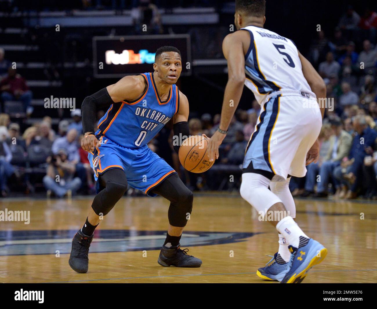 Oklahoma City Thunder guard Russell Westbrook (0) controls the ball ...