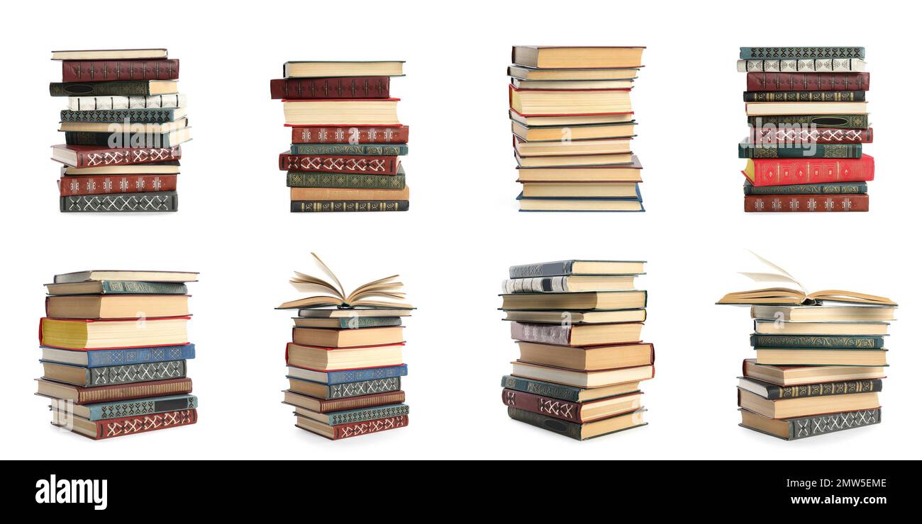 Collection of different retro books on white background Stock Photo - Alamy
