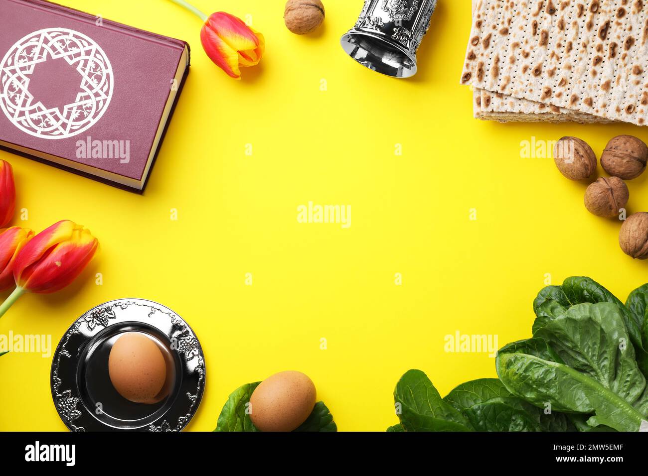 Flat lay composition with symbolic Pesach (Passover Seder) items on ...