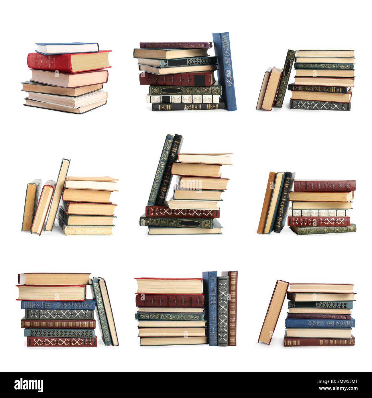 Collection of different retro books on white background Stock Photo - Alamy
