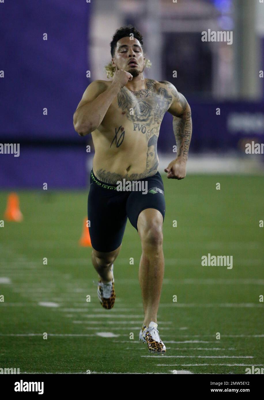 LSU linebacker Duke Riley runs through drills during their NCAA college ...