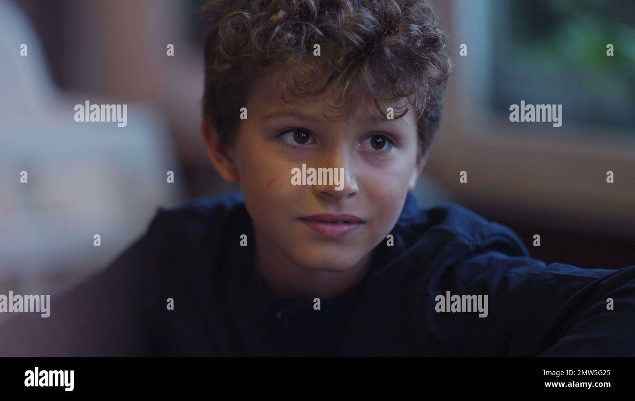 Pensive young boy portrait contemplative child face closeup Stock Photo ...