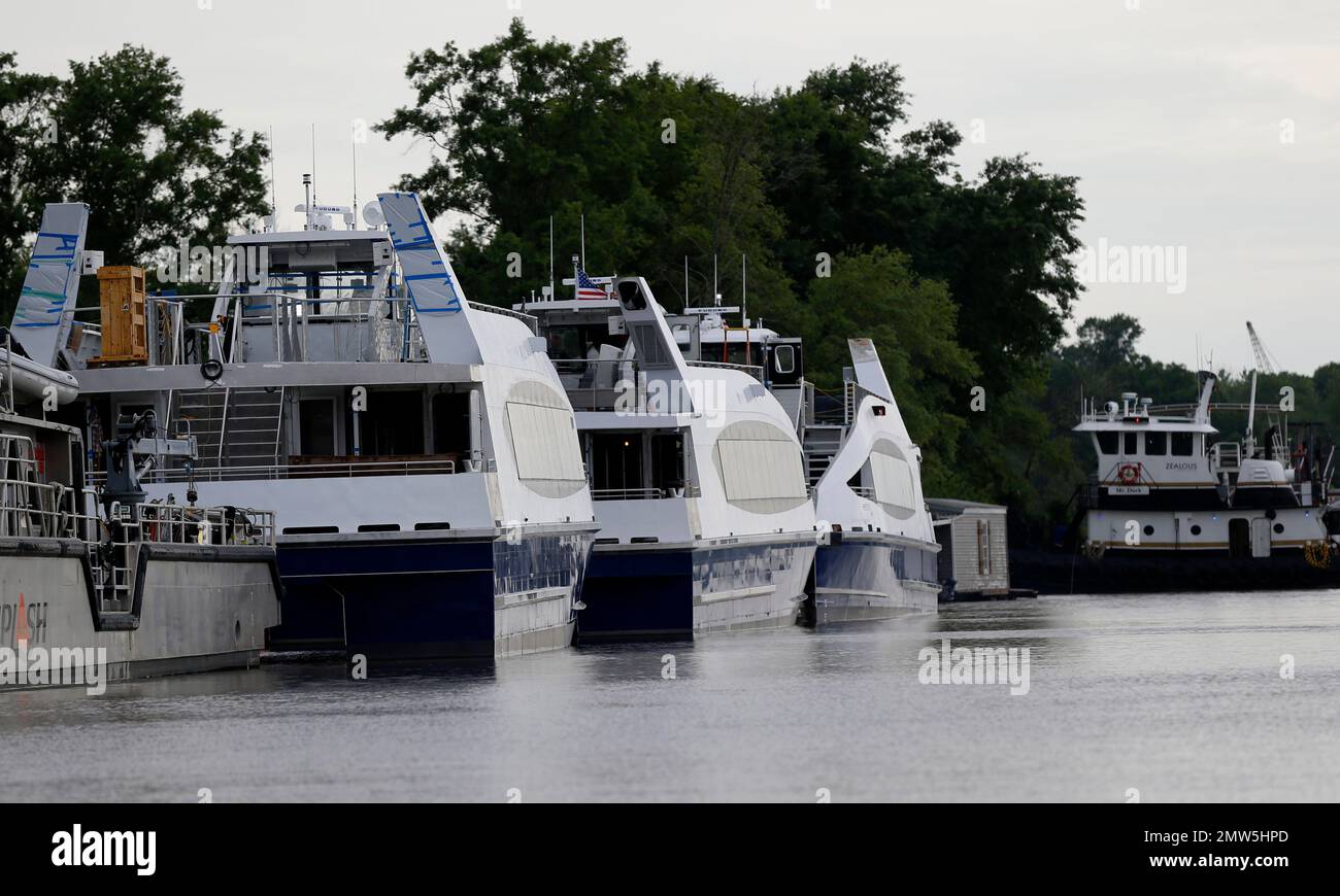In this March 30, 2017 photo, three ferries, on various stages of ...