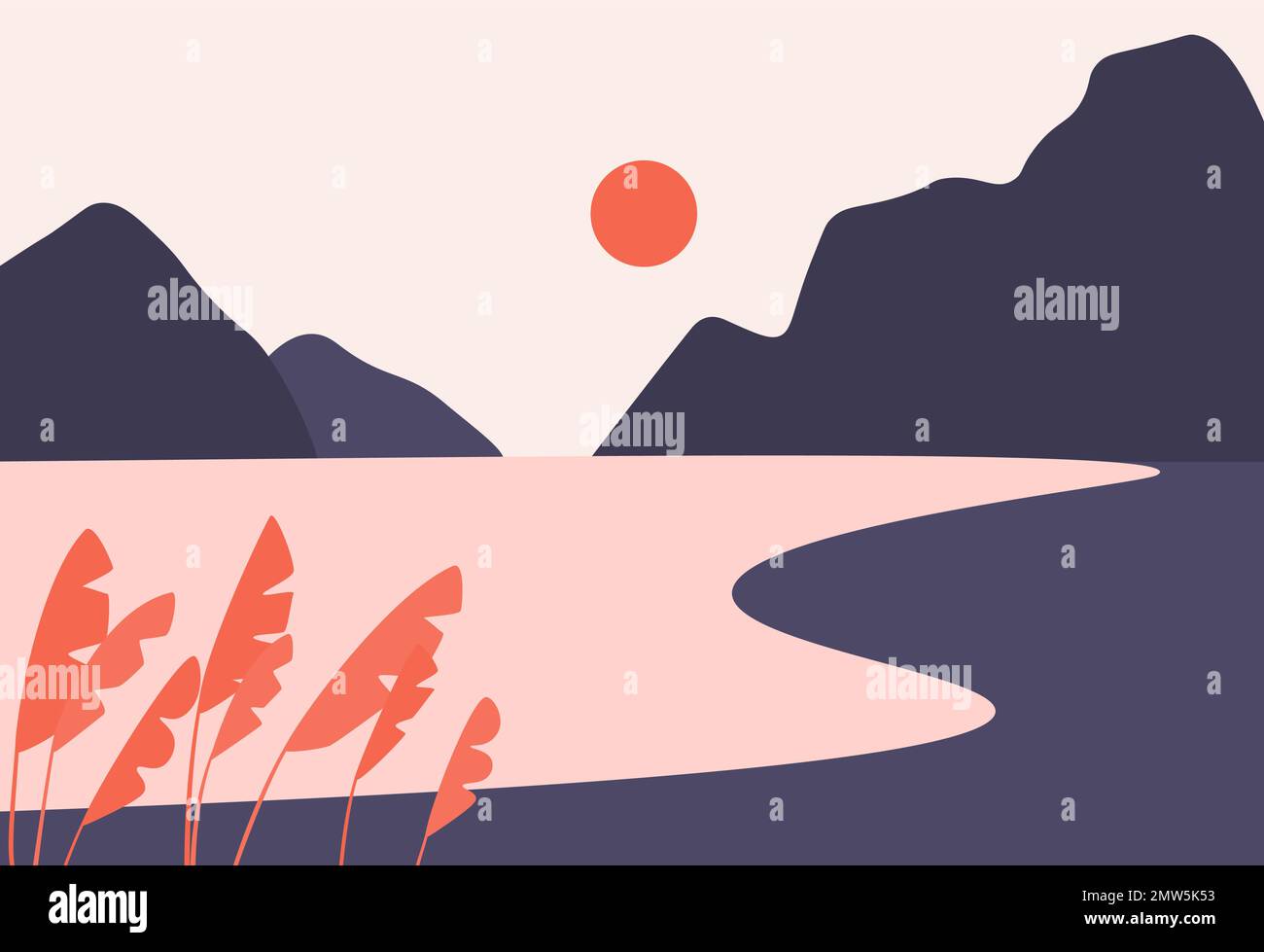 Lake abstract nature landscape. Mountains hills and sunset design flat ...