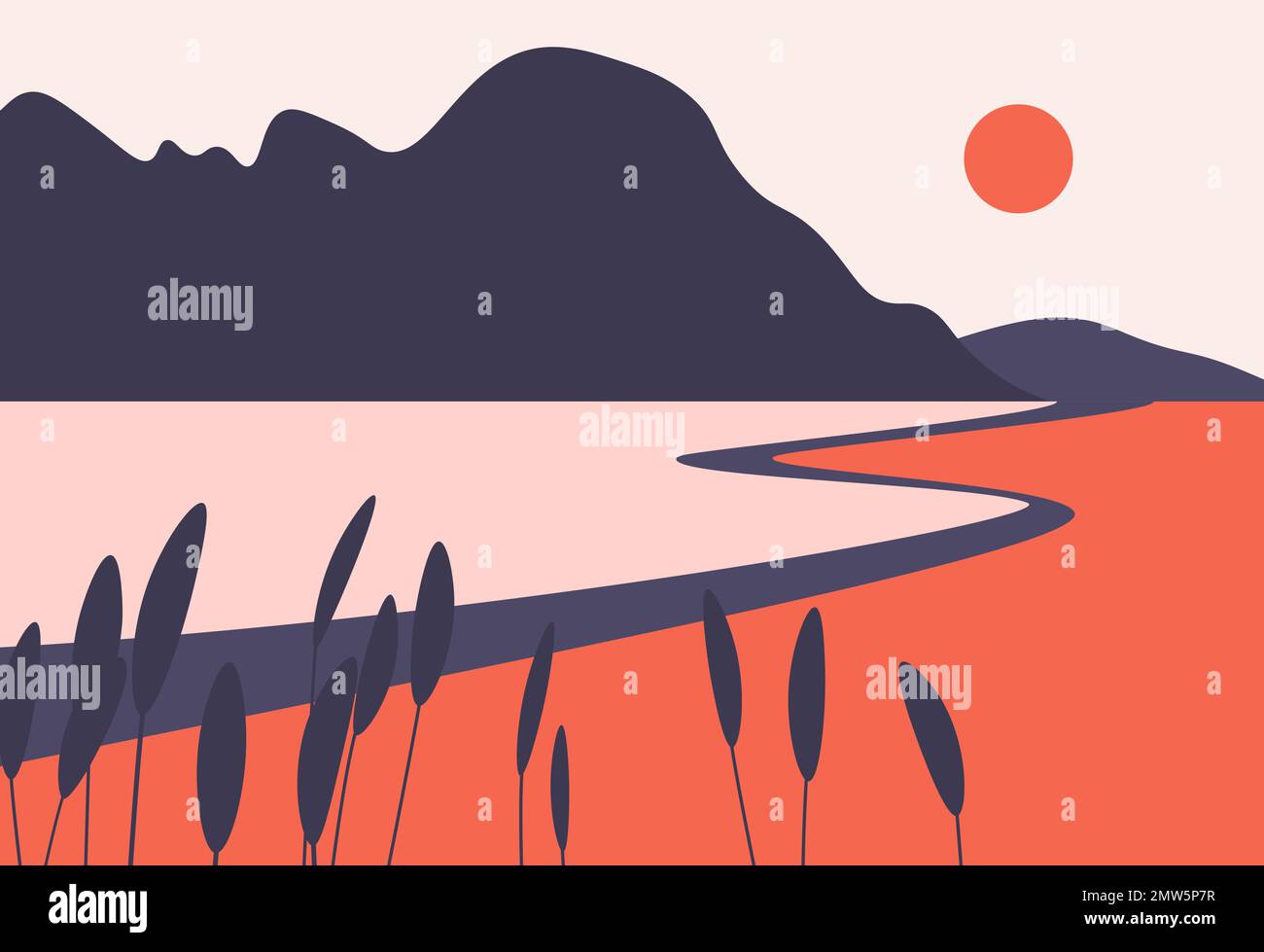 Colorful nature abstract landscape. Sunset panorama with mountain flat ...