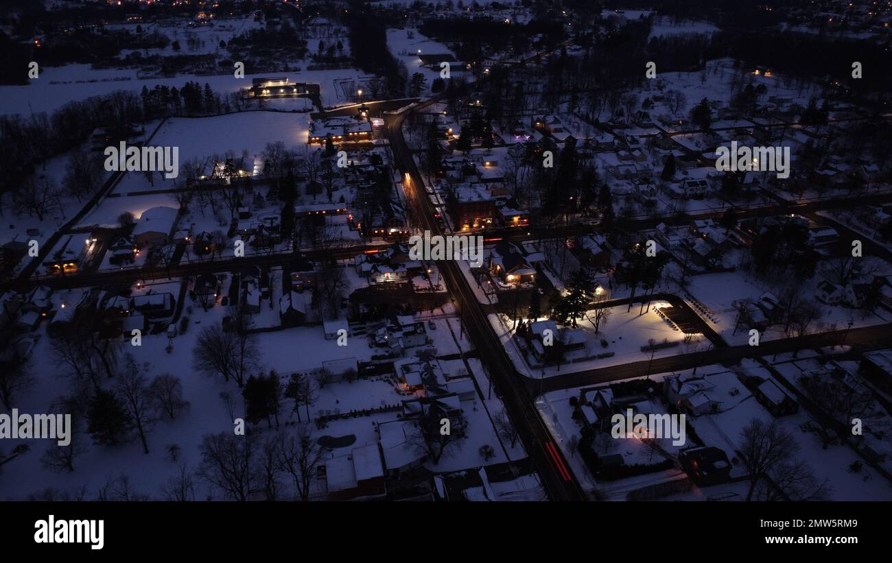 A bird's-eye shot of the Clarence Center village during a nighttime ...
