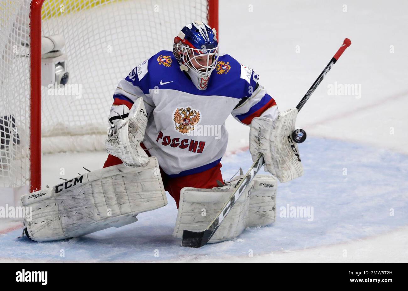 Russia goalie Maria Sorokina deflects a shot during the first period of ...