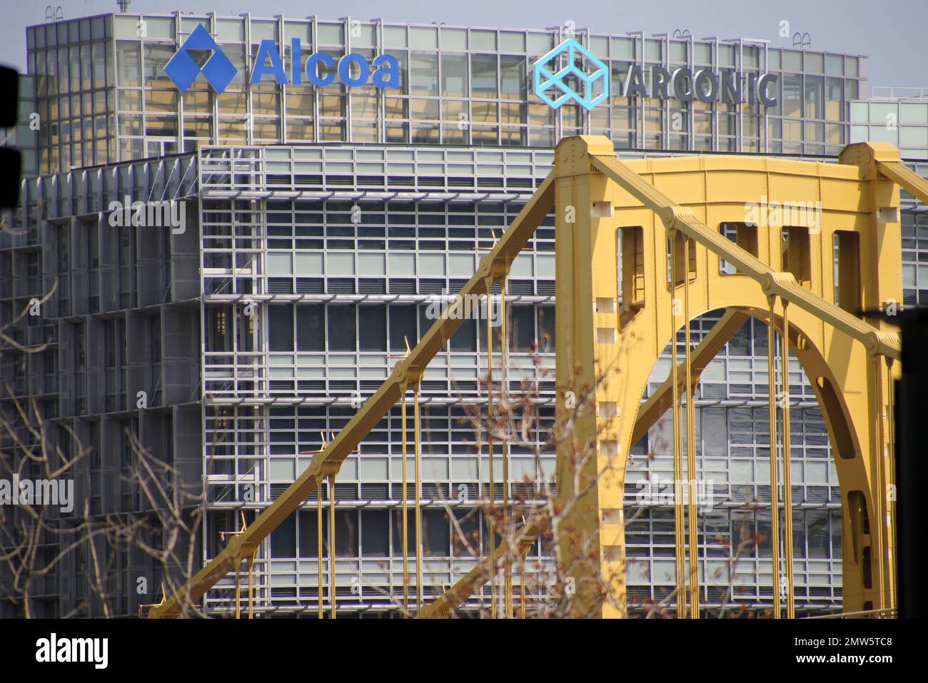 A sign marking the Alcoa and Arconic Office Building is seen above the ...