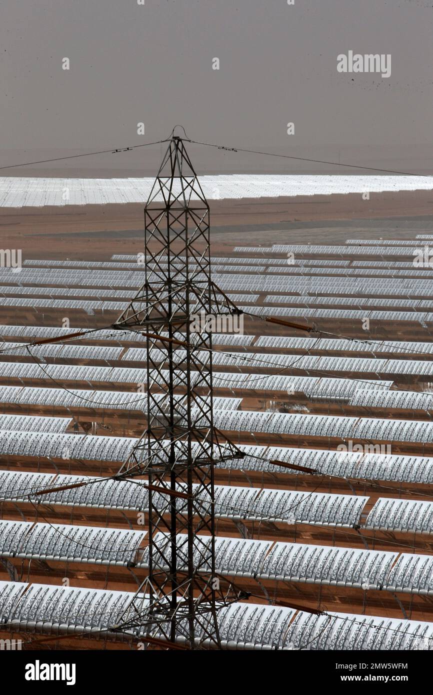 Aerial view of the Noor 3 solar power station near Ouarzazate, southern ...