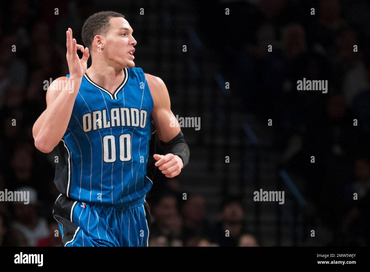 Orlando Magic forward Aaron Gordon reacts after scoring a 3-point goal ...