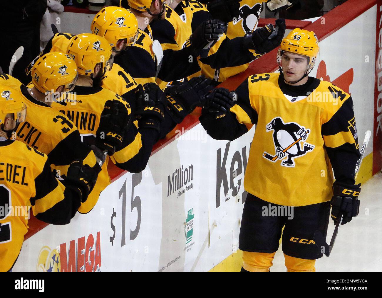 Pittsburgh Penguins' Conor Sheary (43) celebrates his goal as he ...