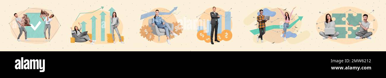 Abstract collage collection of company successful people earn profit ...