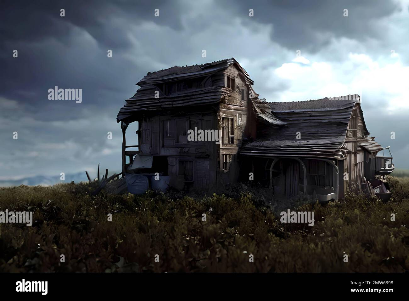 A poor impoverished dilapidated wooden house in desolate landscape, created with Generative AI ...