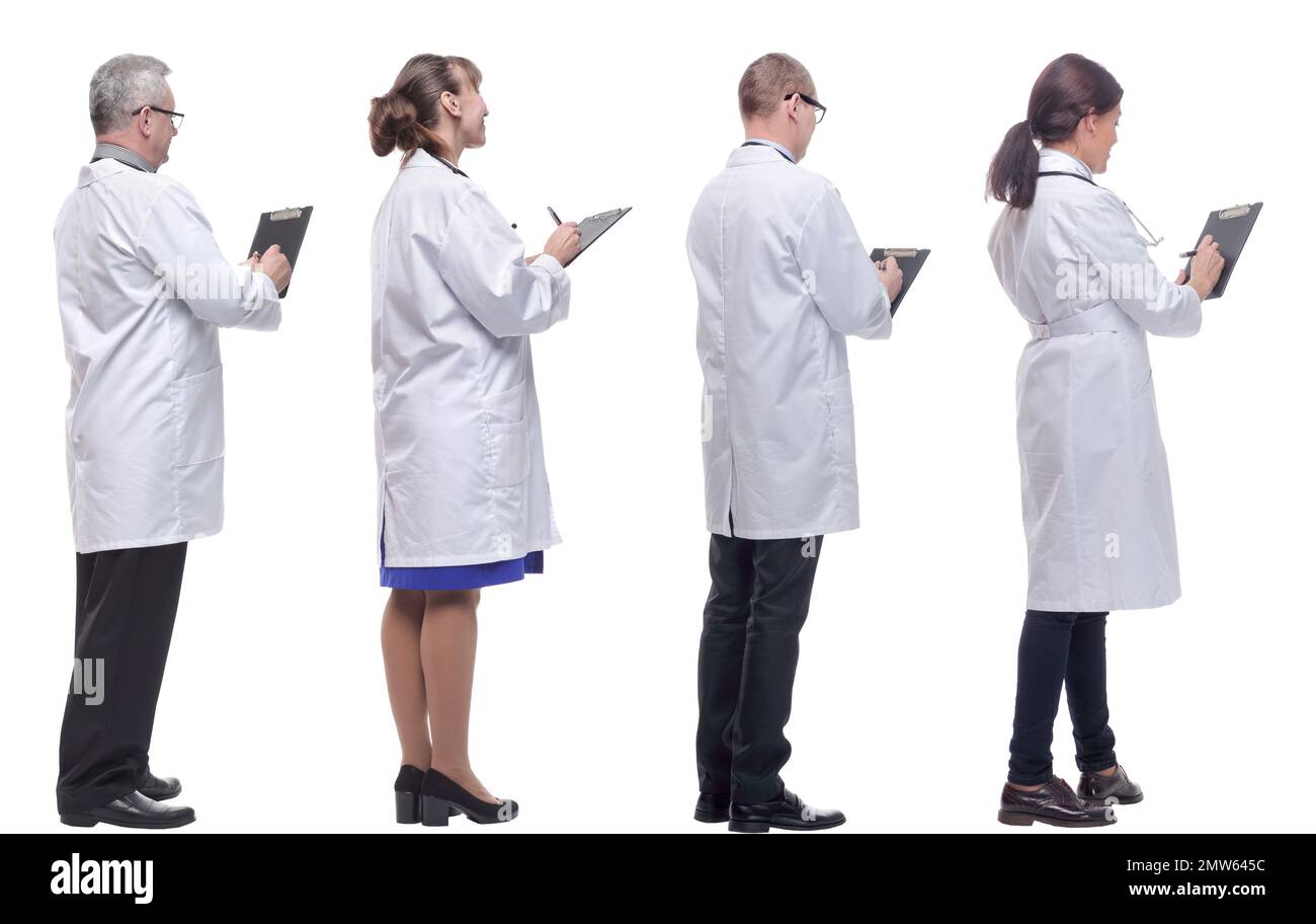 group of doctors standing with their backs isolated on white Stock ...
