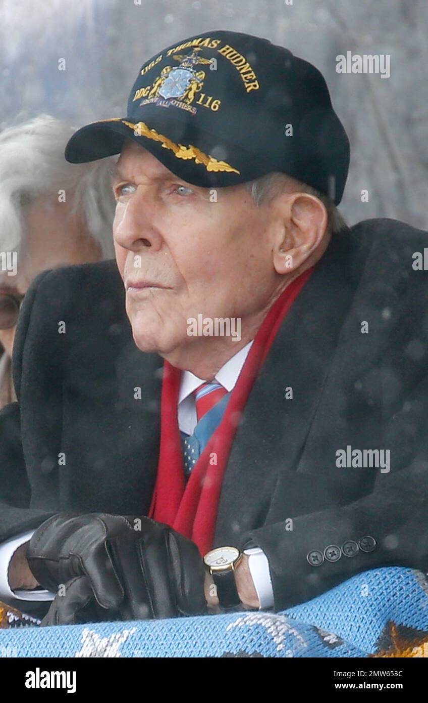 Korean War veteran Thomas Hudner looks on during the christening ...