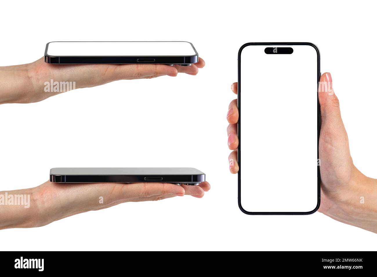 Phone in hand, set. Modern, new phone in hand isolated on white ...