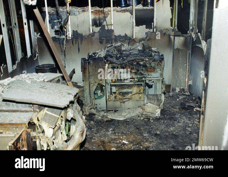This undated photo provided by the FBI shows damage to the Pentagon ...
