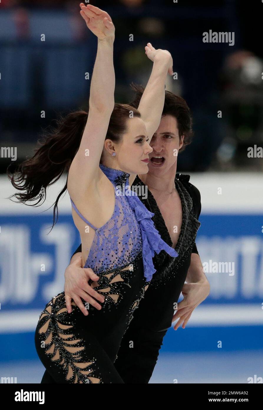 Tessa Virtue and Scott Moir, of Canada, skate their short dance at the ...