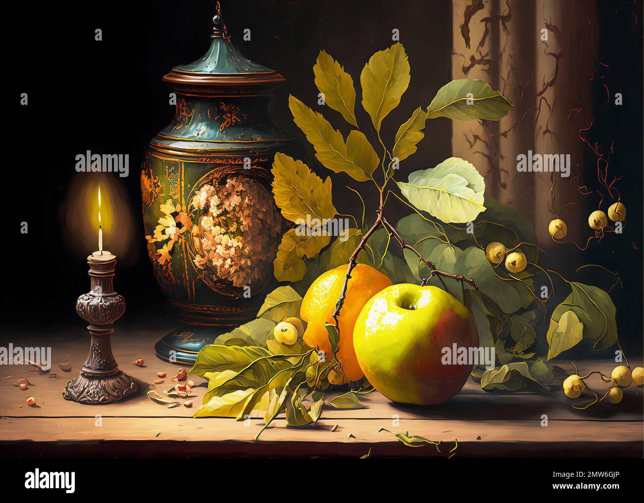Still life with a beautiful goblet, candle and fruit lying on an old ...