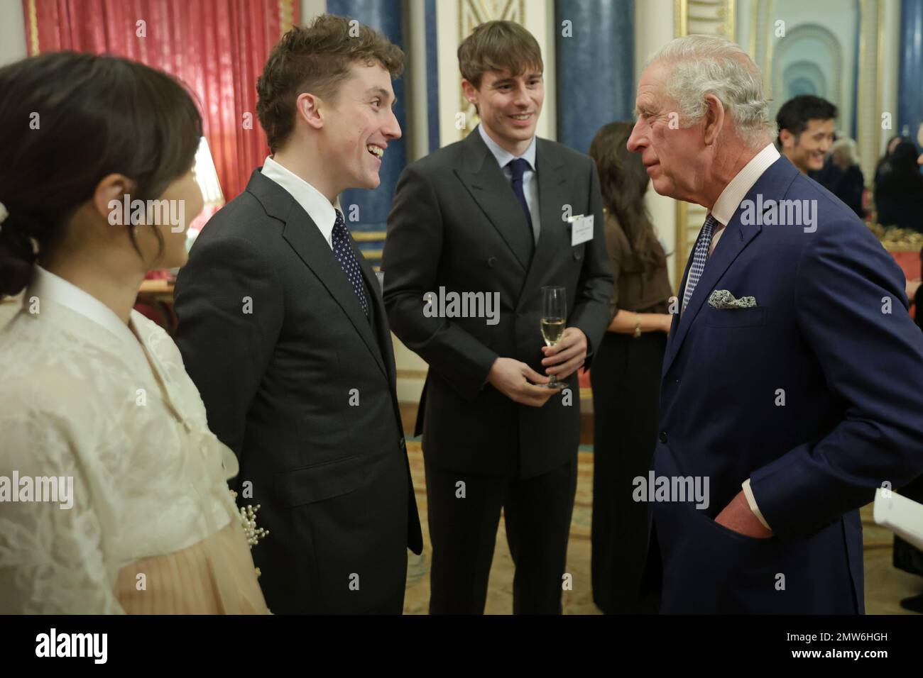 King Charles III meets Oliver Kendal and Joshua Carrot during a ...