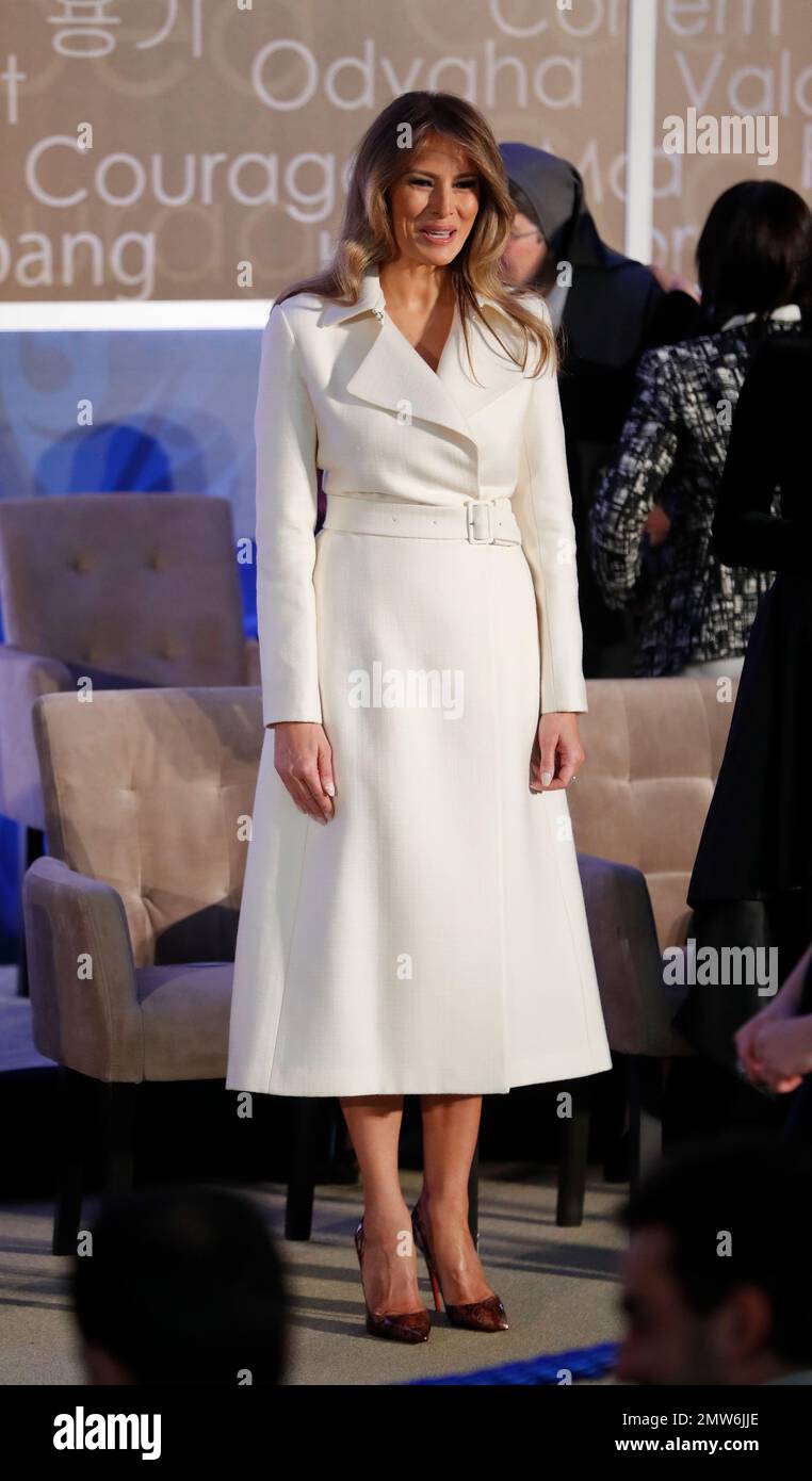 First lady Melania Trump stands up from her seat after presenting the ...