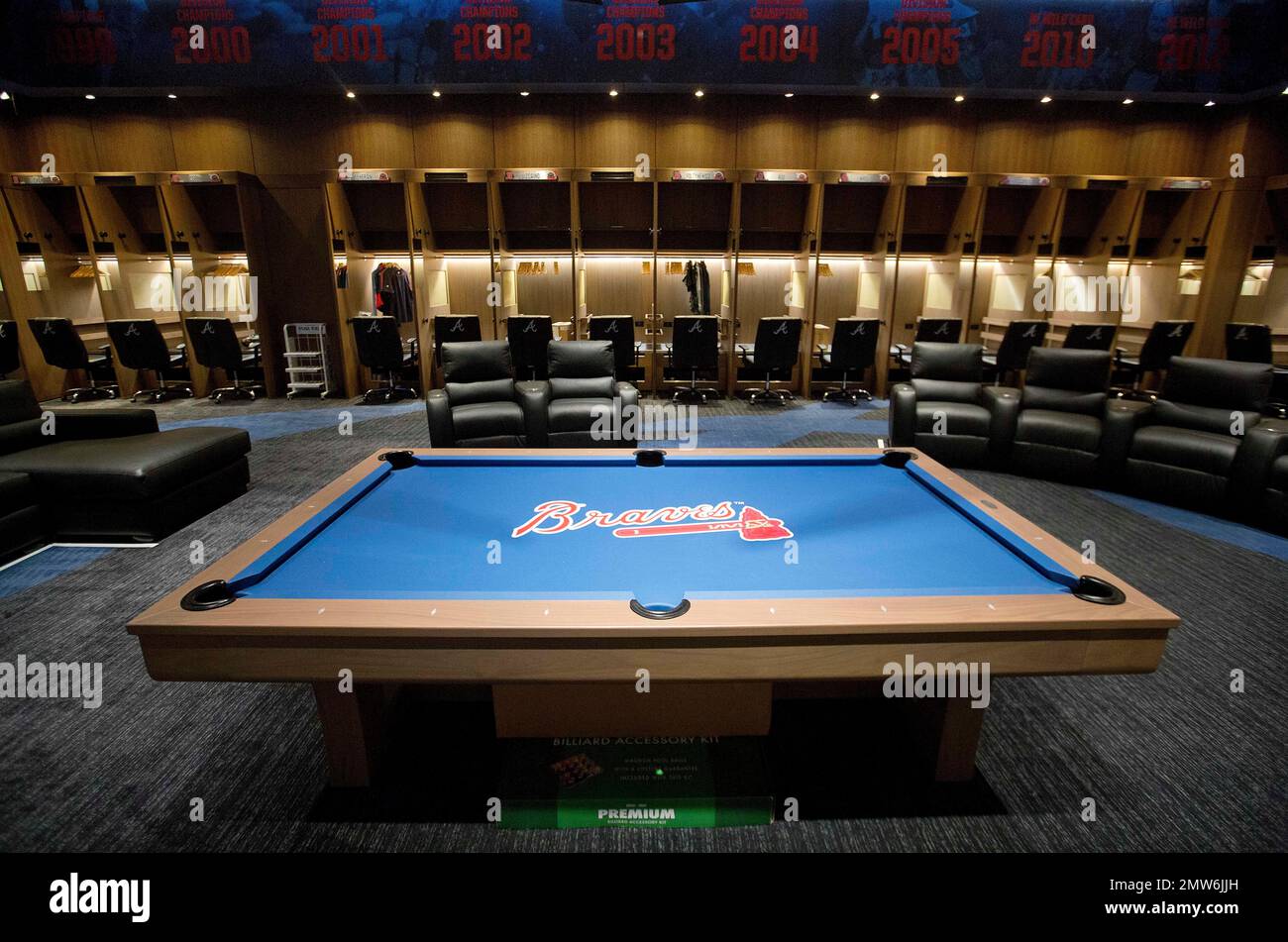 A pool table sits in the middle of the clubhouse at SunTrust Park, the ...