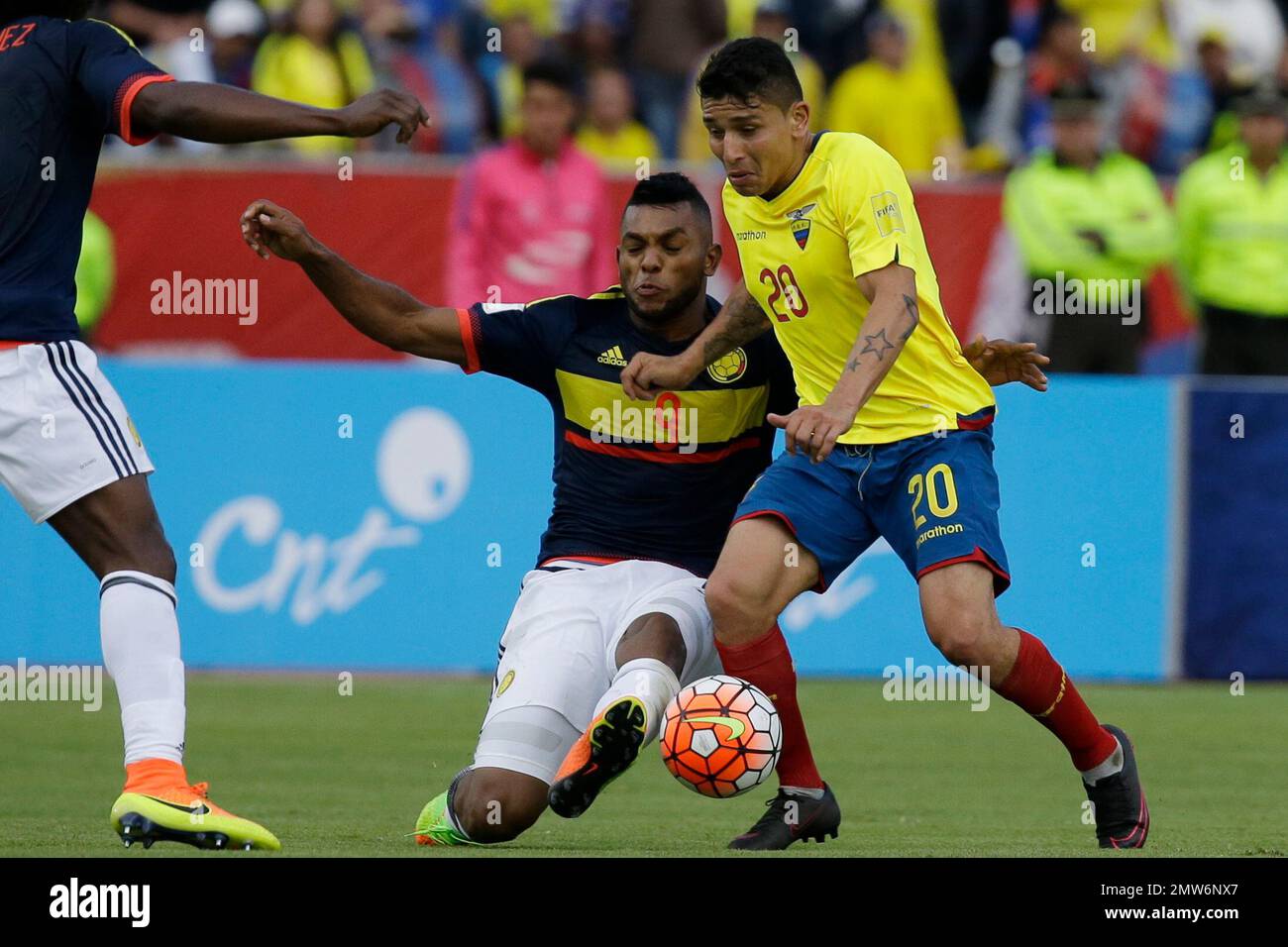 Colombia's Luis Muriel, left, and Ecuador's Mario Pineda battle for the ...