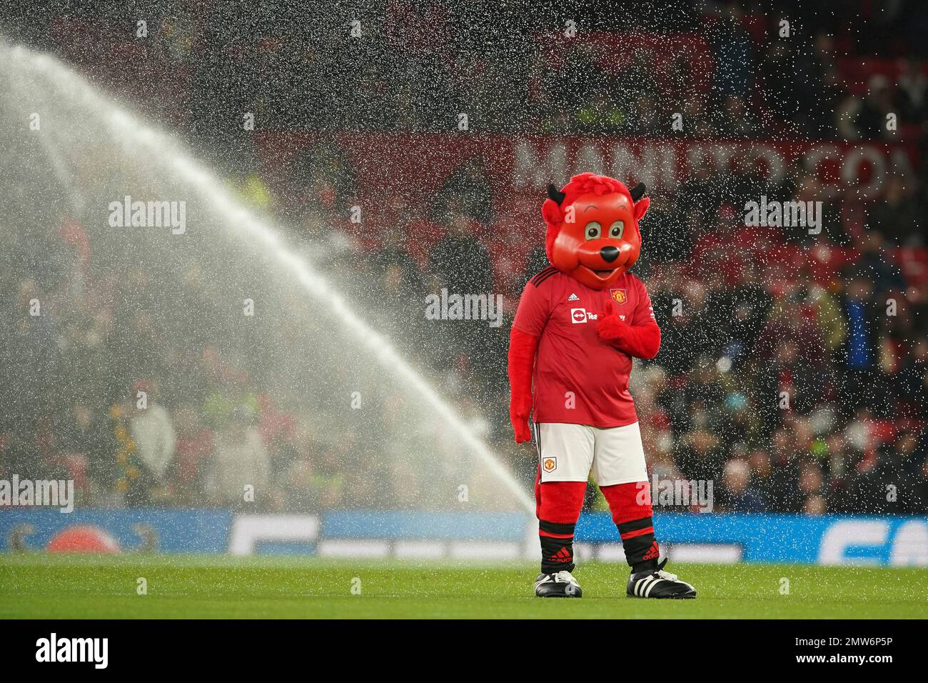 A person dressed as the Manchester United mascot 'Fred the Red' stands ...