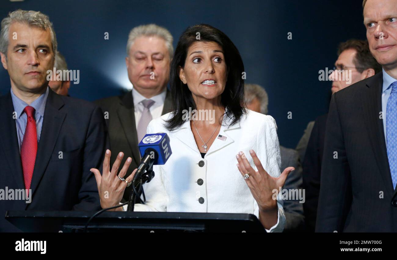 United States Ambassador to the United Nations Nikki Haley, center ...