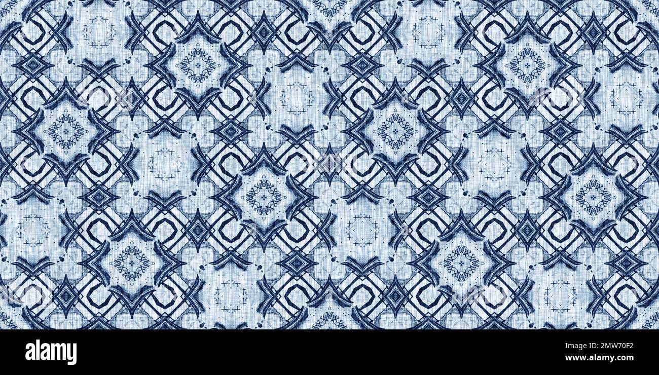 Indigo dye wash coastal damask seamless border pattern. Washed out ...